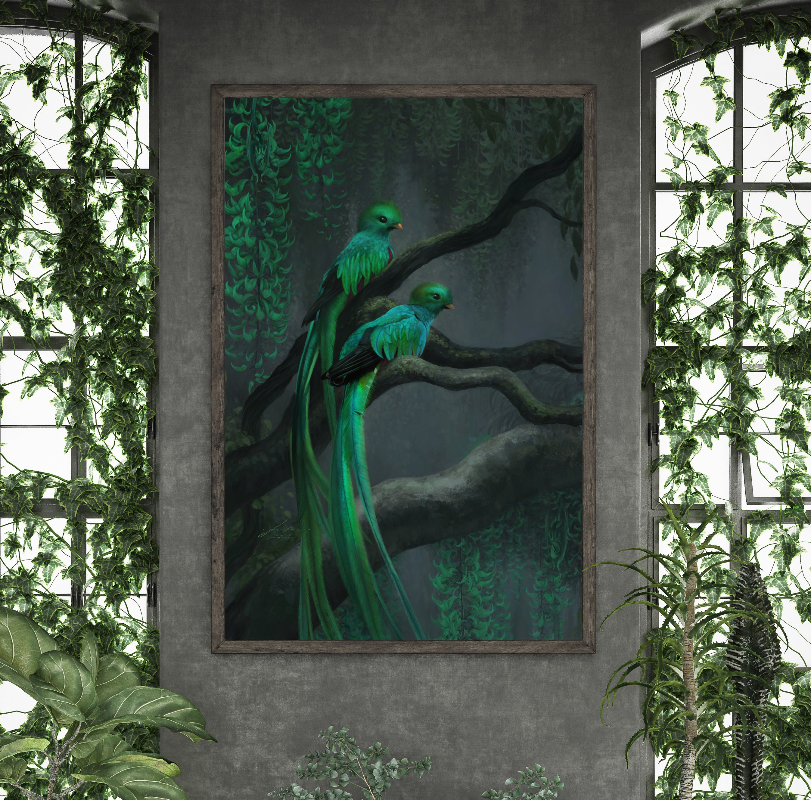 Quetzal & Jade Vine [art Print] Bird Painting - Teal Green Flowers and ...