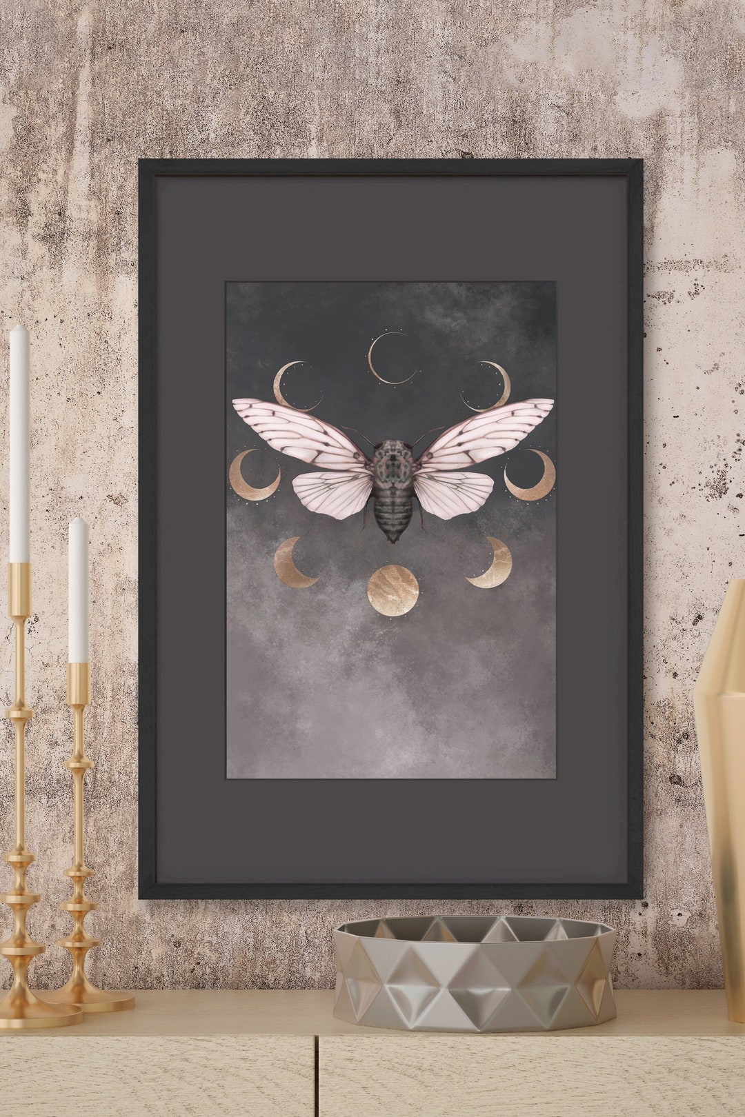 Cicada Moon art Print Painting of Beautiful White Gray and - Etsy