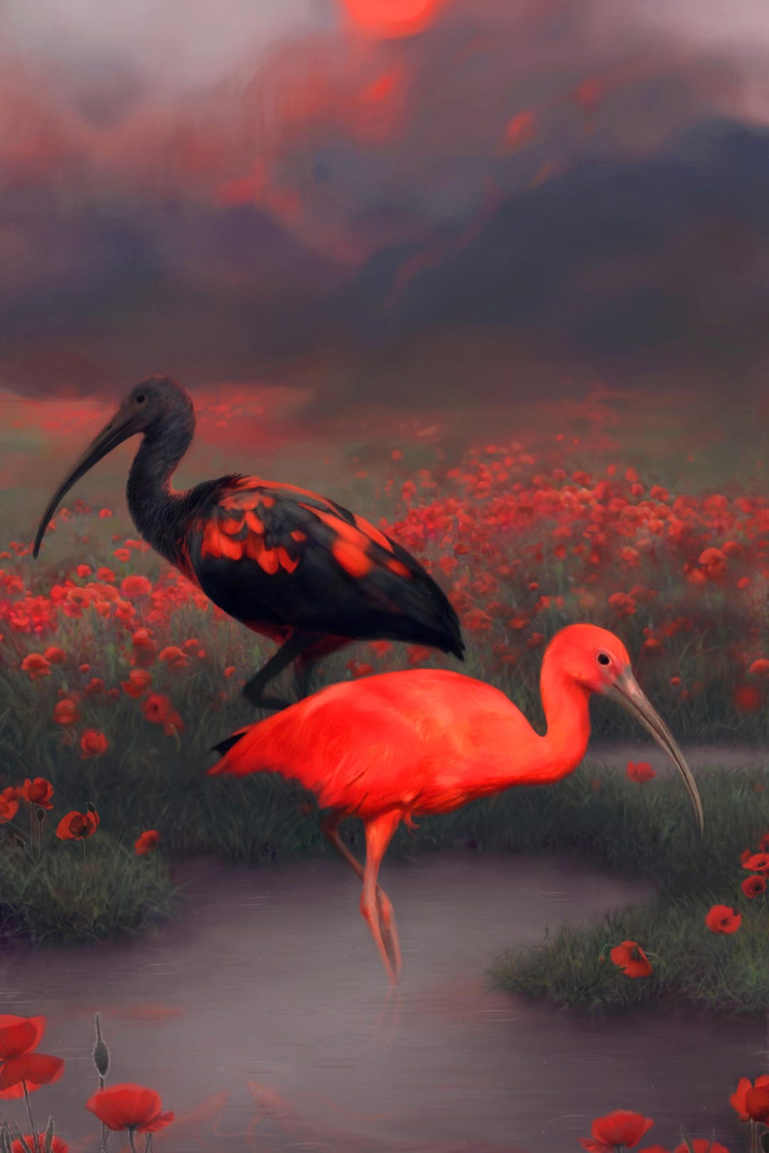 Scarlet Ibis & Poppies [art Print] Flora Feather Painting - Red Birds ...