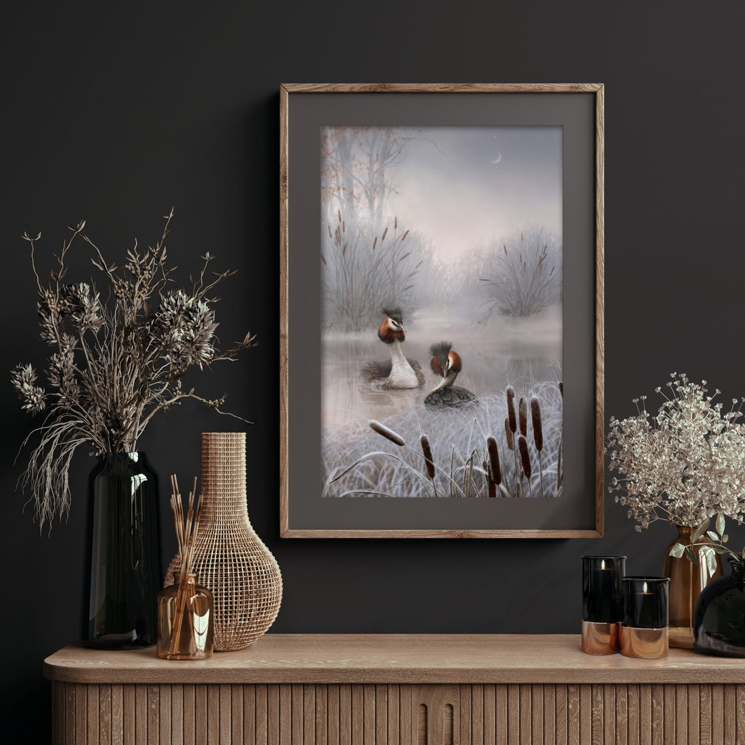 Cattails & Crested Grebes art Print Bird Floral Painting Gray Copper ...