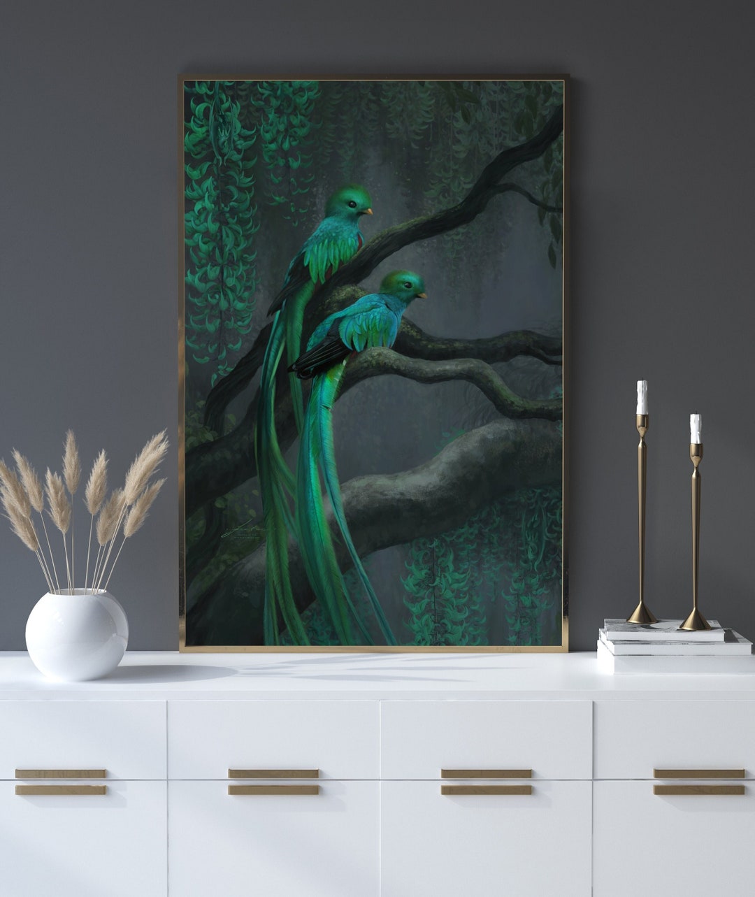 Quetzal & Jade Vine [art Print] Bird Painting - Teal Green Flowers and ...