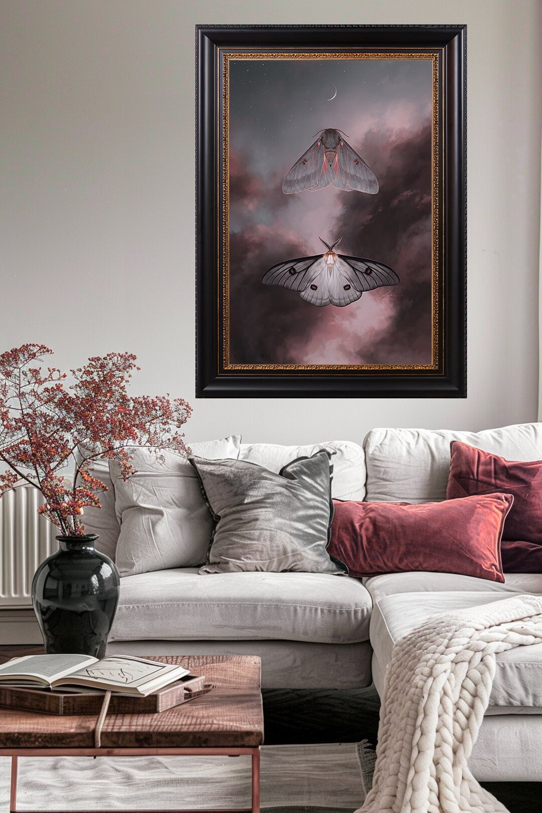 Moth Meditation: Twilight Hush art Print Painting of Two Gray Pink ...