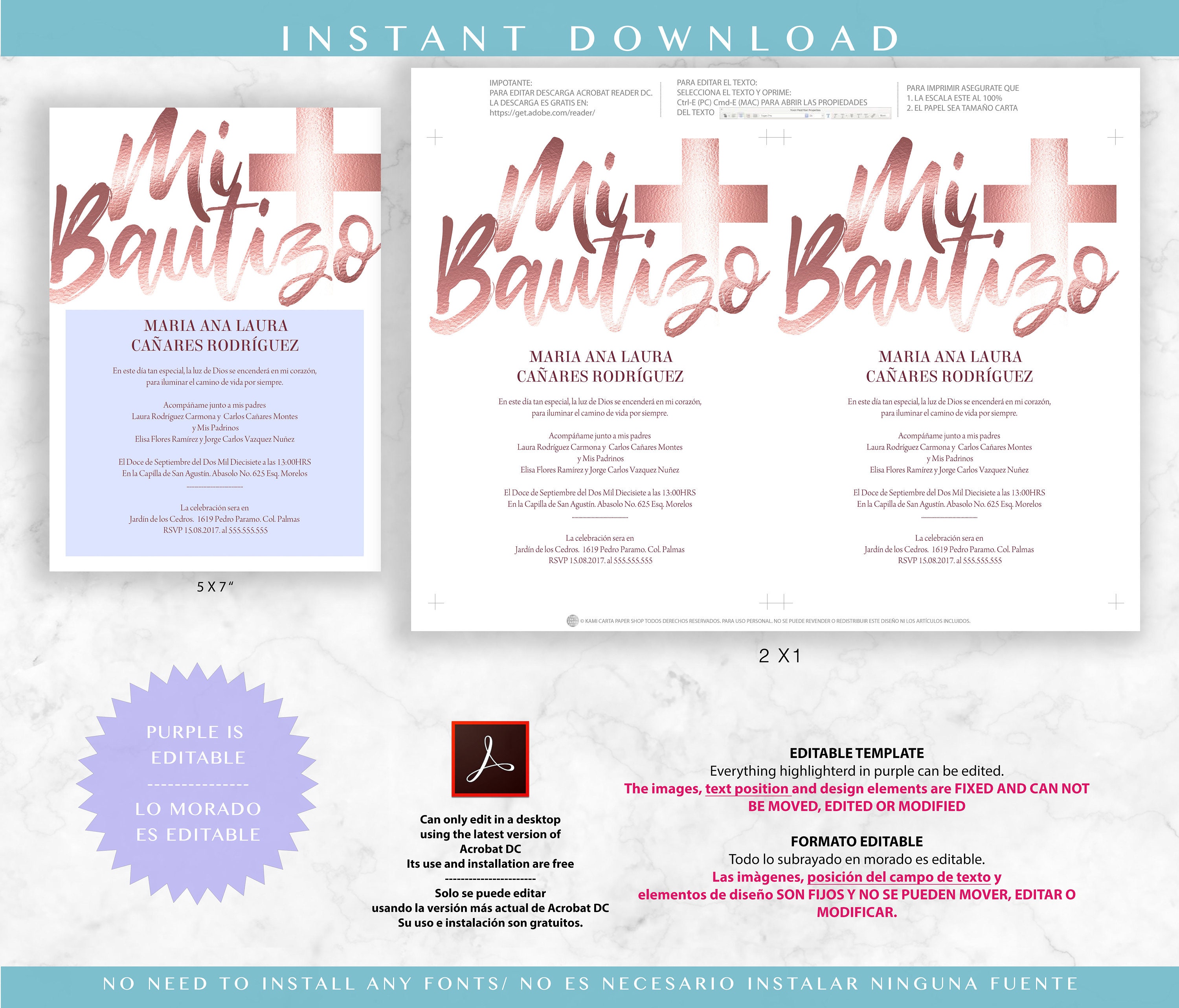 Paper Invitations Bautizo invitation invitacion Rose Gold Metallic Foil ...