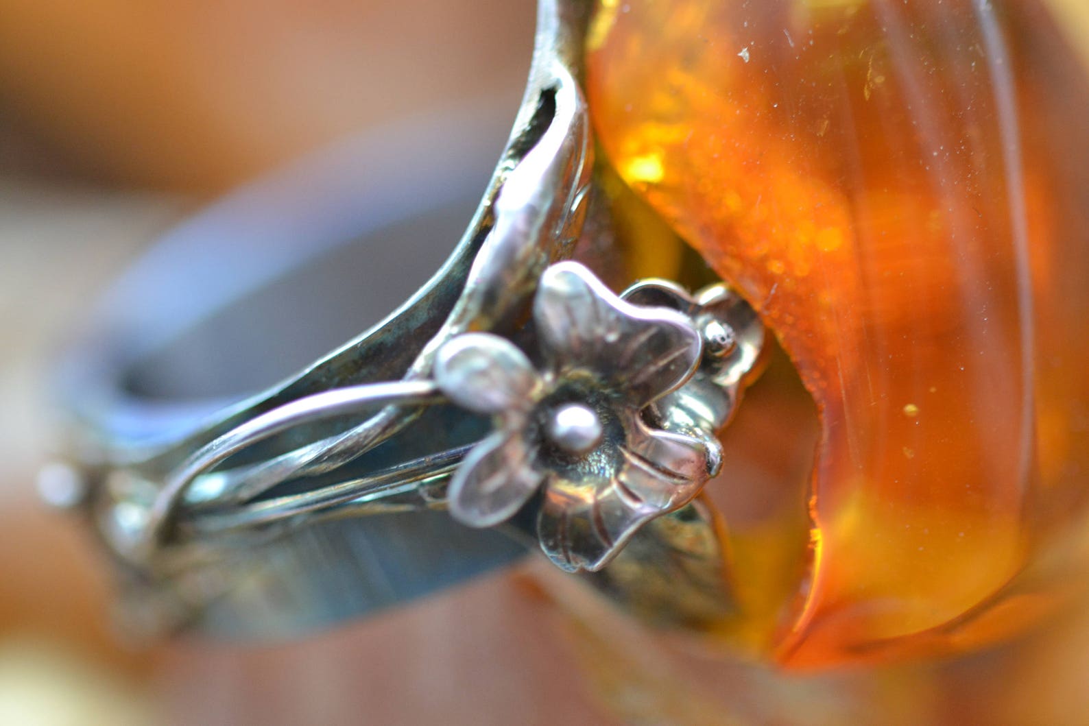 Rich Titanium Ring Titan With Baltic Amber and Silver Flowers Fiancee ...