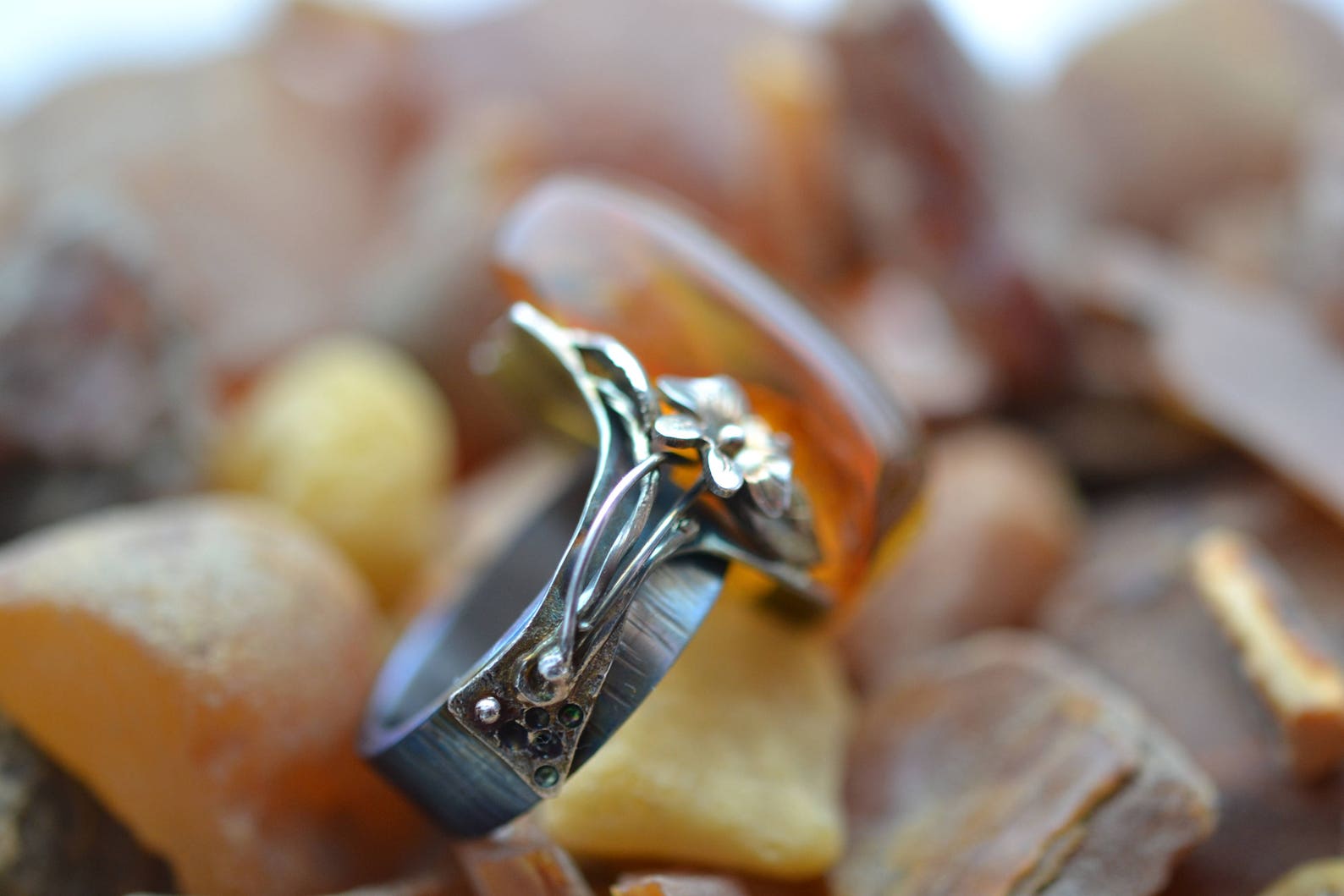 Rich Titanium Ring Titan With Baltic Amber and Silver Flowers Fiancee ...