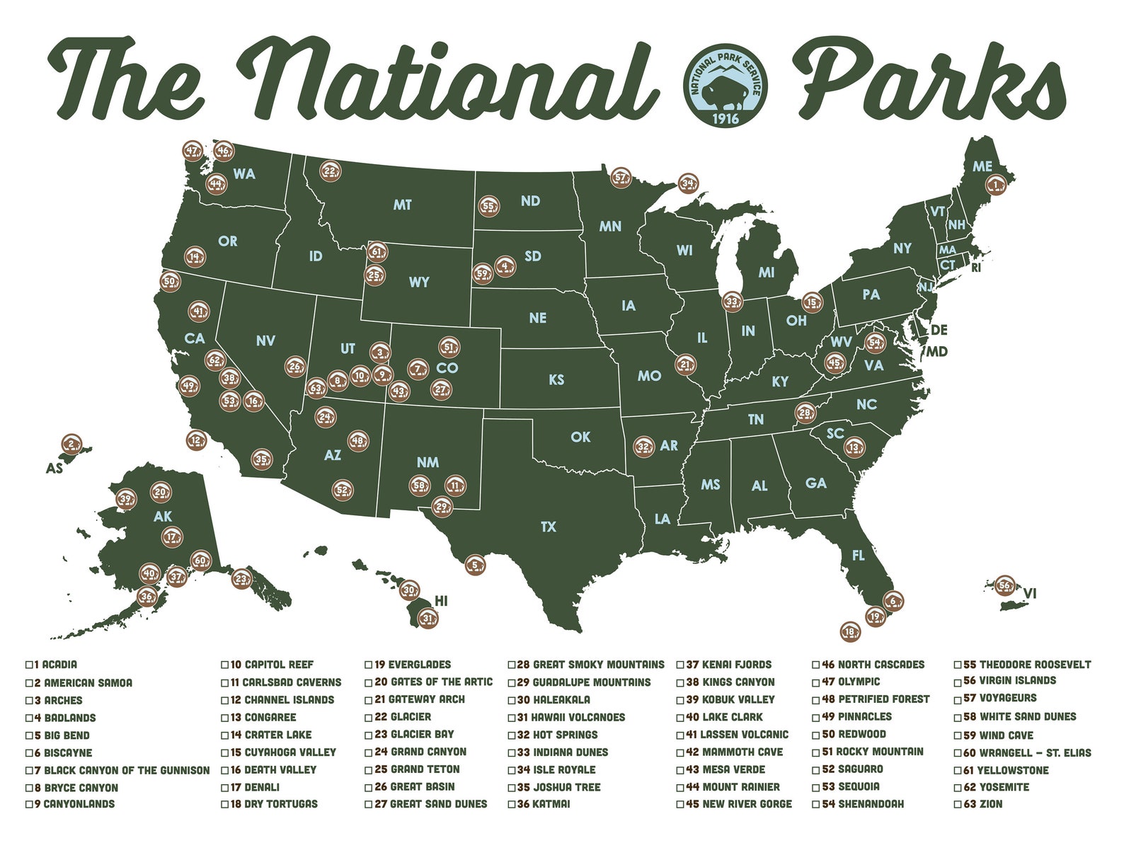 National Parks Map Poster Map of National Parks 63 Parks - Etsy