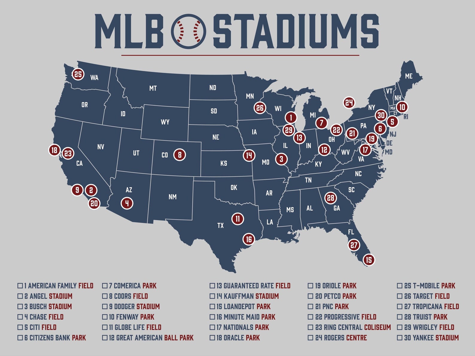 MLB Stadium Map Baseball Stadium Map Ballpark Map MLB - Etsy