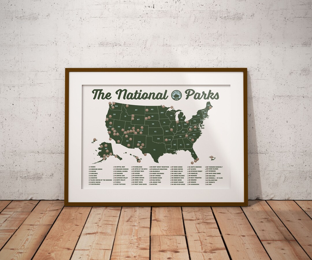 National Parks Map Poster, Map of National Parks, 63 Parks Checklist ...