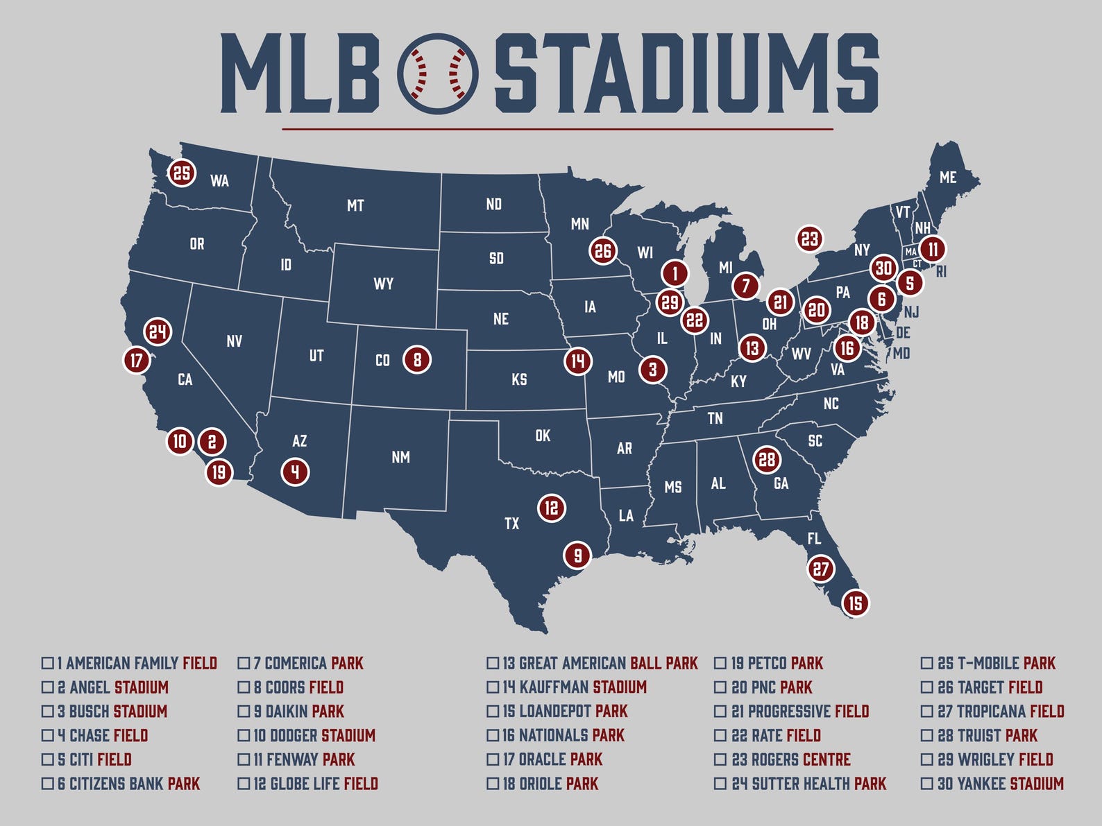 MLB Stadium Map, Baseball Stadium Map, Ballpark Map, MLB Stadium ...