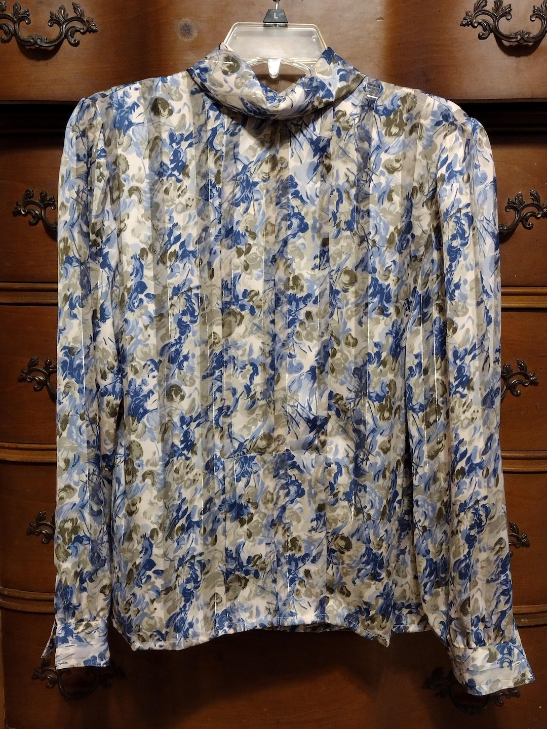 Vintage Blue Floral Blouse With Gold Pinstripe - Etsy