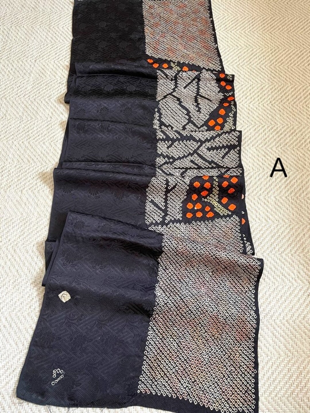 FA-55 Vintage Silk Shibori Kimono Fabric /// Black X Orange Botanical ...