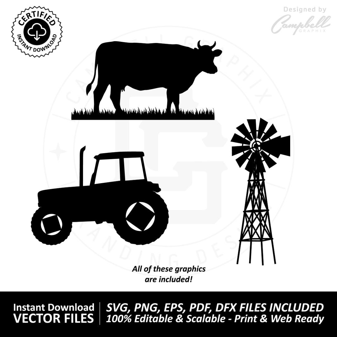Cow Windmill Tractor Svgs - Farm SVG Bundle - Farm Graphics - Vector ...