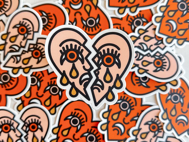 Crying Broken Heart Tattoo Flash Sticker Die Cut Vinyl Pink Broken ...