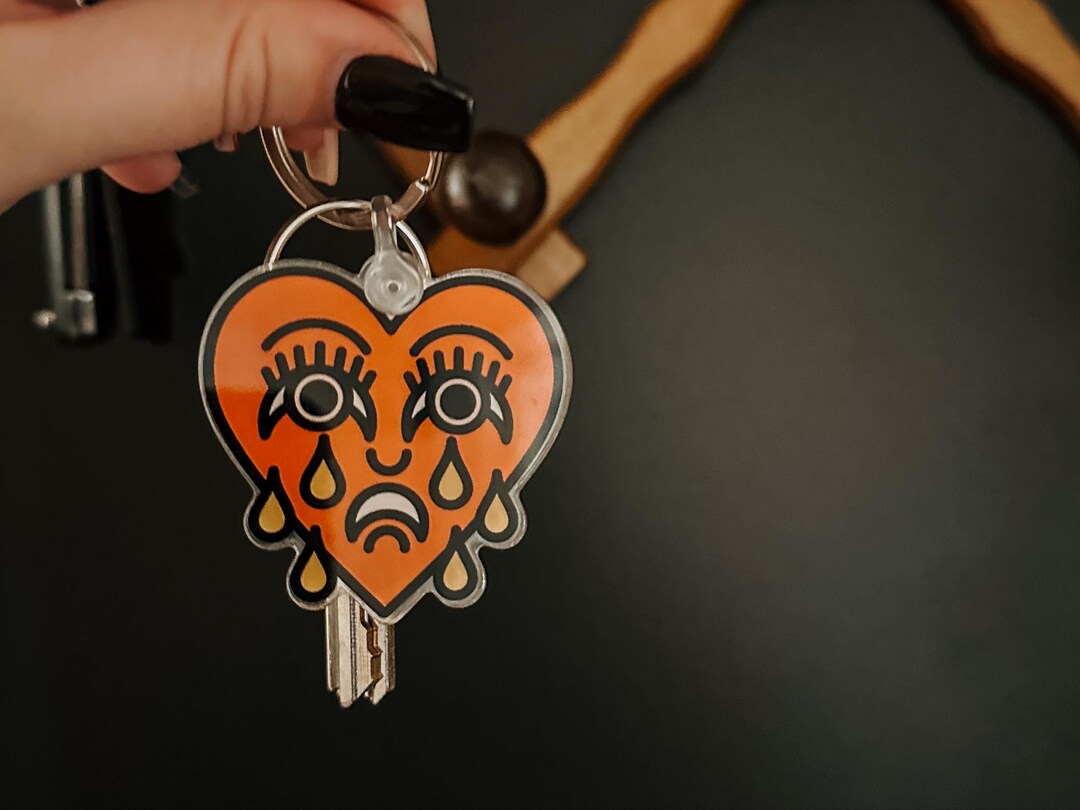Crying Heart Tattoo Flash Keychain | Red Heart Face With Tears, Edgy ...