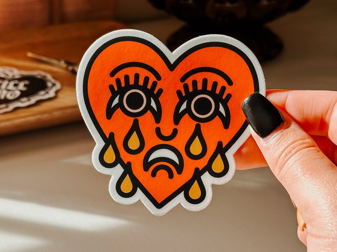 Crying Heart Tattoo Flash Sticker | Die Cut Vinyl | Red Heart Face With ...