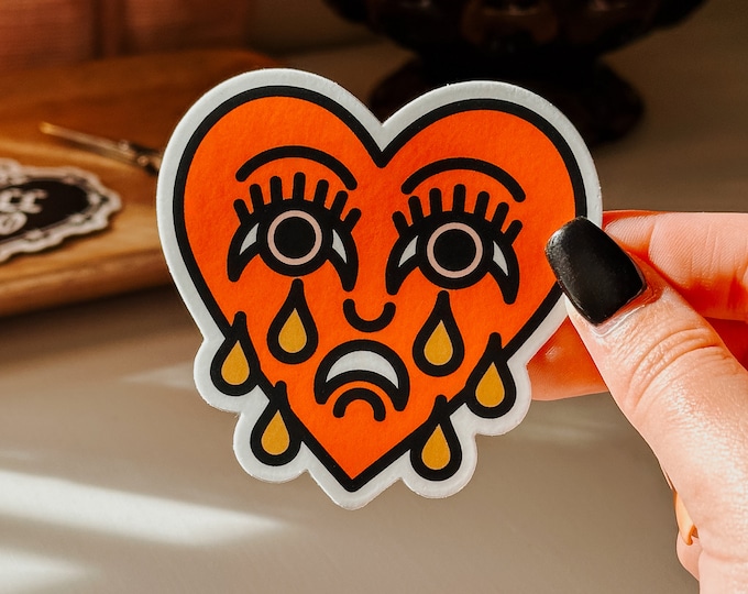 Crying Heart Tattoo Flash Sticker | Die Cut Vinyl | Red Heart Face With ...