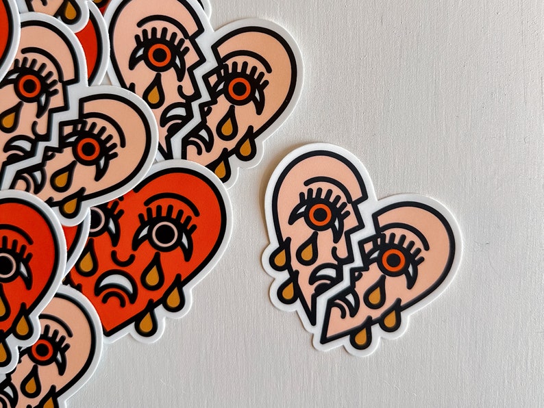 Crying Broken Heart Tattoo Flash Sticker Die Cut Vinyl Pink Broken ...
