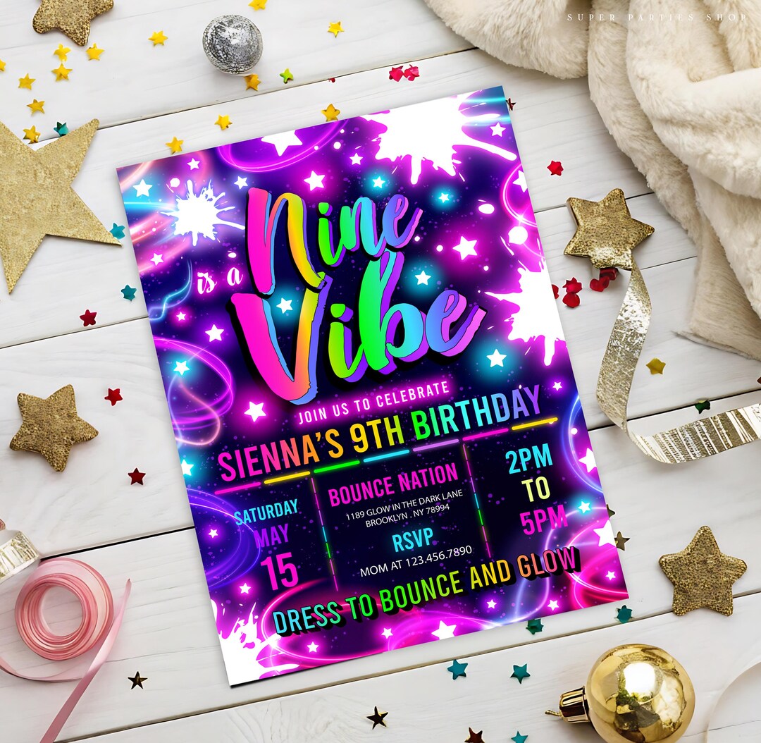 Editable Nine is A Vibe 9th Birthday Party Invitation Glow 9th Birthday ...