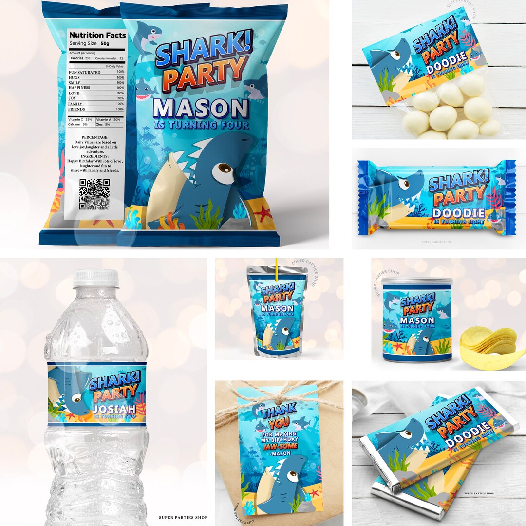 Shark Attack BUNDLE PARTY Kit Printable Shark Chip Bags Shark Party ...