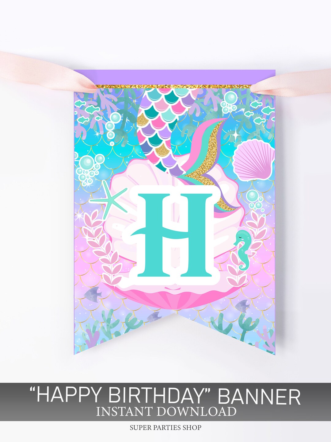 Mermaid Printable Banner Garland Bunting, Mermaid Happy Birthday ...
