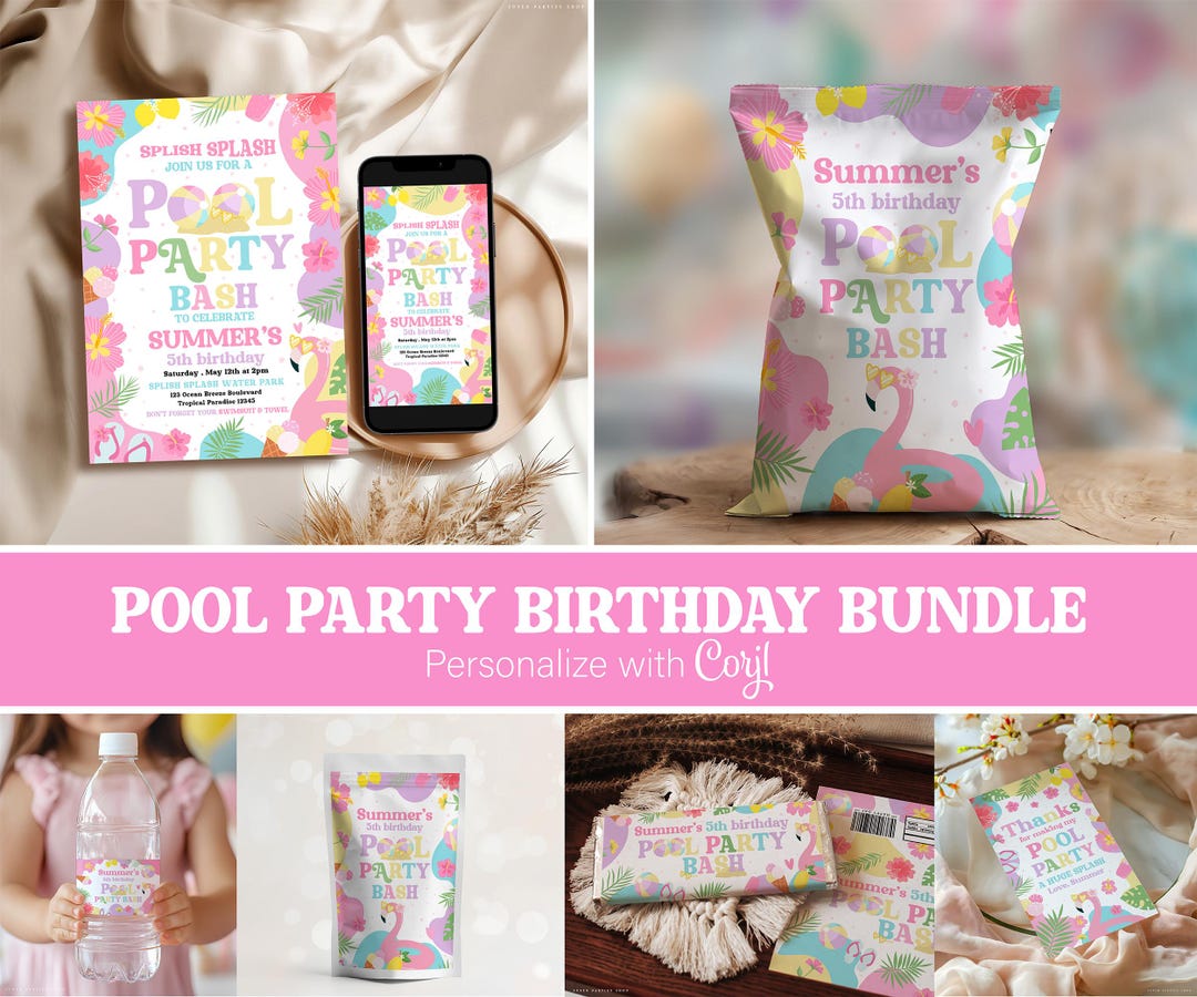Editable Pool Party Birthday Bundle Party Tropical Summer Splish Splash ...