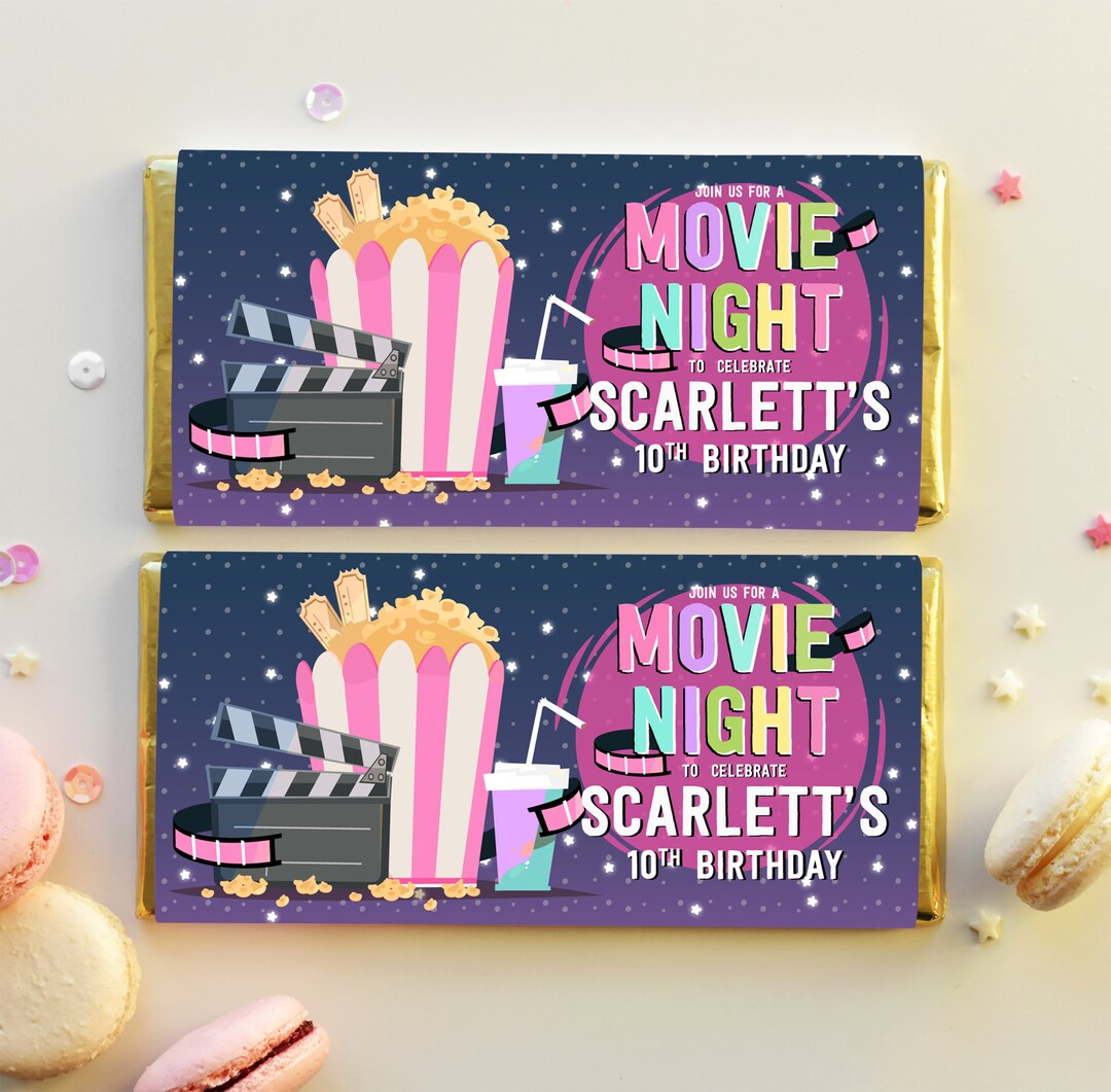 Movie Night Candy Bar Wrapper Printable, Movie Night Favors, Girls ...