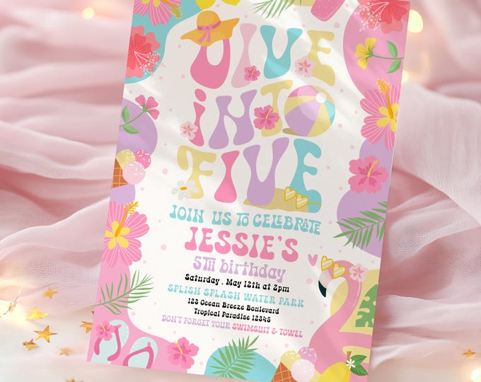 Editable Dive Into Five 5th Birthday Party Invitation Tropical Summer ...