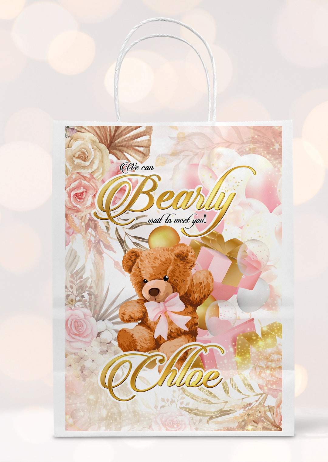 We Can Bearly Wait Gift Bag Label Baby Shower Blue Watercolor Teddy ...