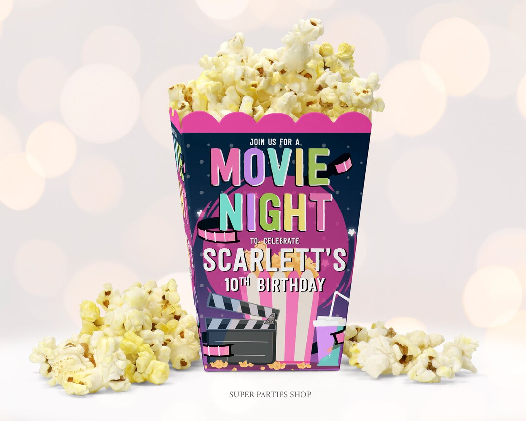 Movie Night Popcorn Box Template A3 , Movie Night Favors, Girls Movie ...
