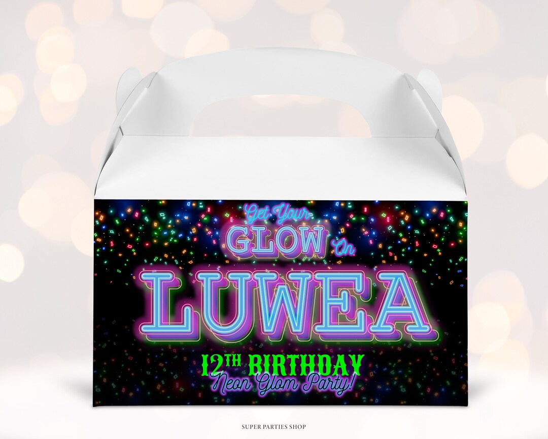 NEON Party Gable Box Label Printable, Glow Birthday Printables Party ...