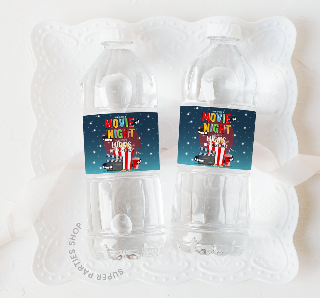 Movie Night Water Bottle Labels Printable, Movie Night Favors, Girls ...