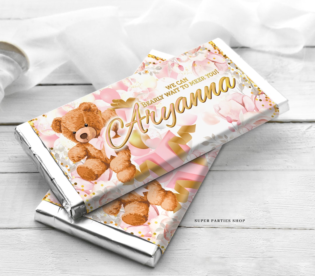 We Can Bearly Wait Candy Bar Wrapper Baby Shower Blue Watercolor Teddy ...