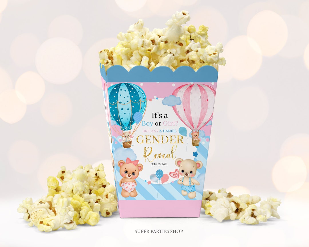 Teddy Bear Gender Reveal Popcorn Box Printable Template, Teddy Baby ...
