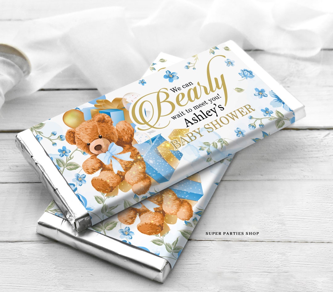 We Can Bearly Wait Candy Bar Wrapper Baby Shower Blue Watercolor Teddy ...