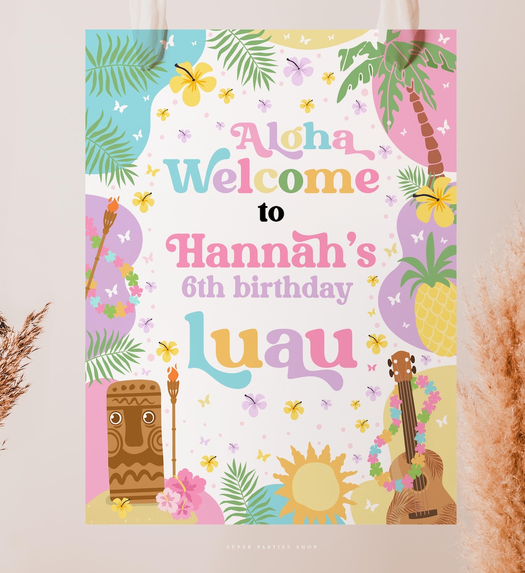 Editable Hawaiian Luau Birthday Welcome Sign Tropical Luau Pool Party ...