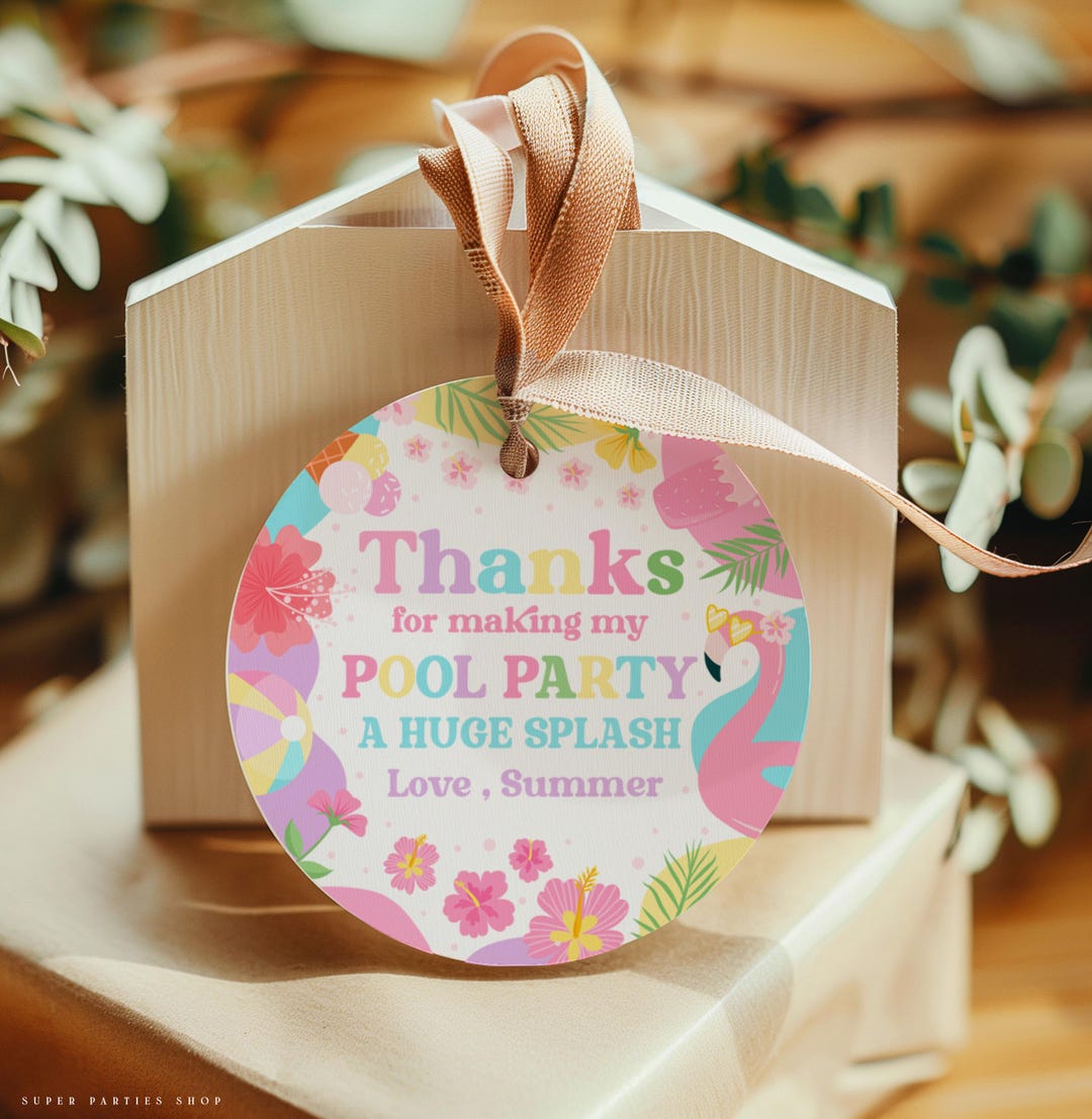 Editable Pool Party Round Favor Tag Labels Birthday Party Tropical ...