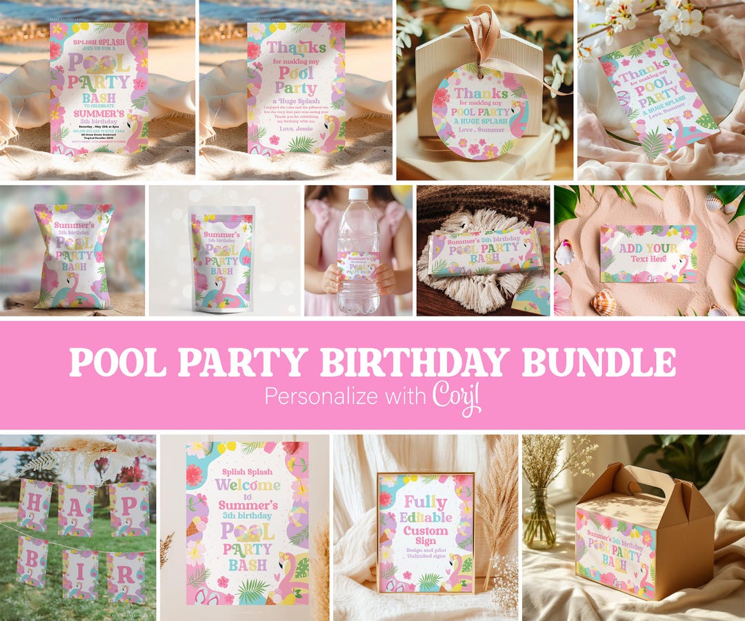 Editable Pool Party Birthday Bundle Party Tropical Summer Splish Splash ...