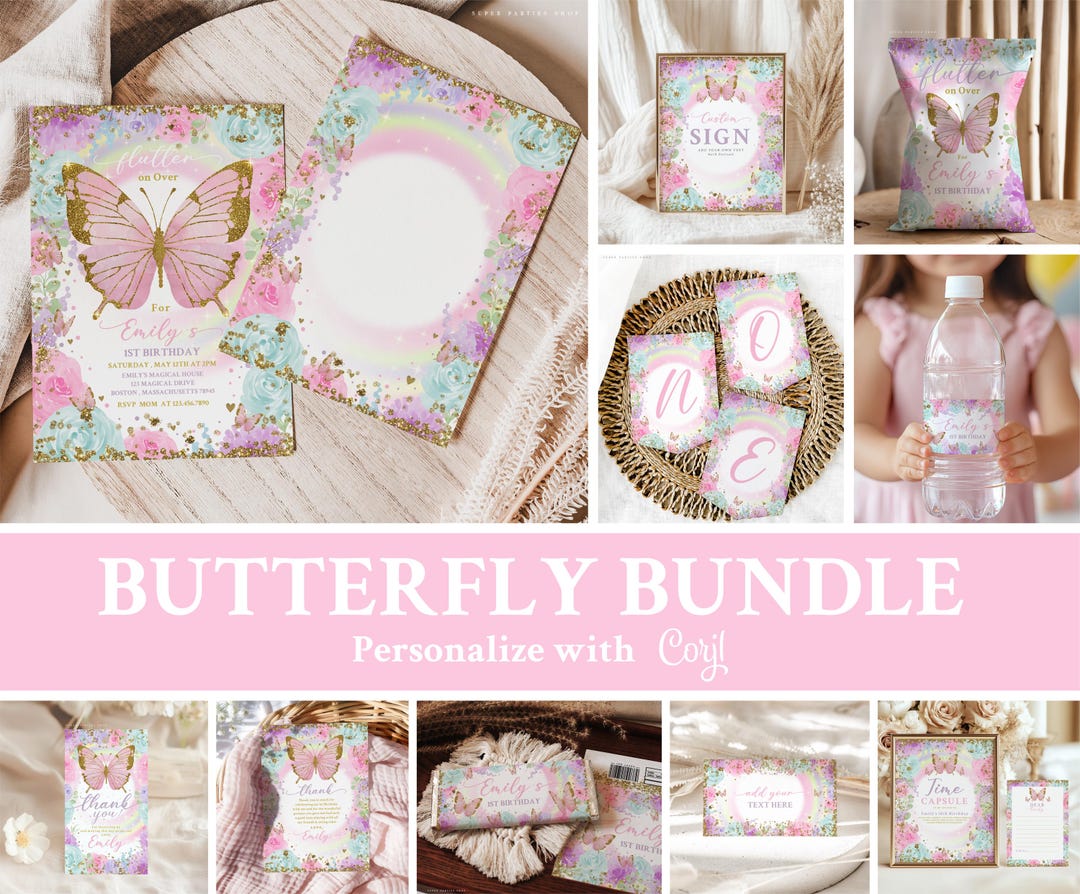 Butterfly Birthday Bundle Party Kit Editable Whimsical Floral Butterfly ...