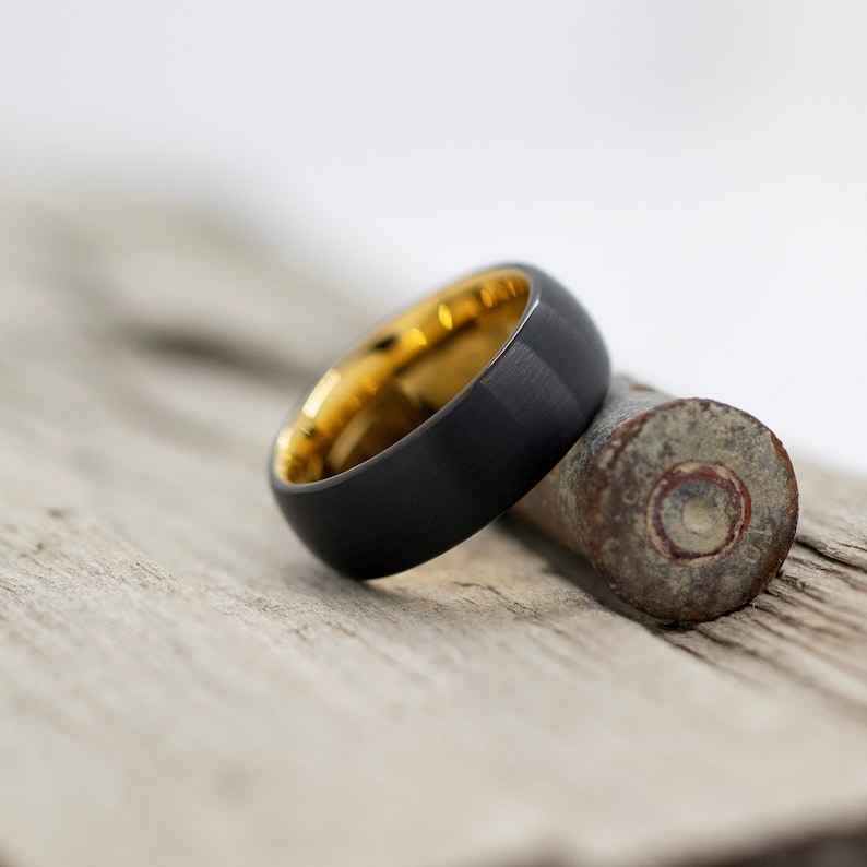 Black & Gold Tungsten Ring, Wedding Band, 8MM, Comfort Fit, Domed ...