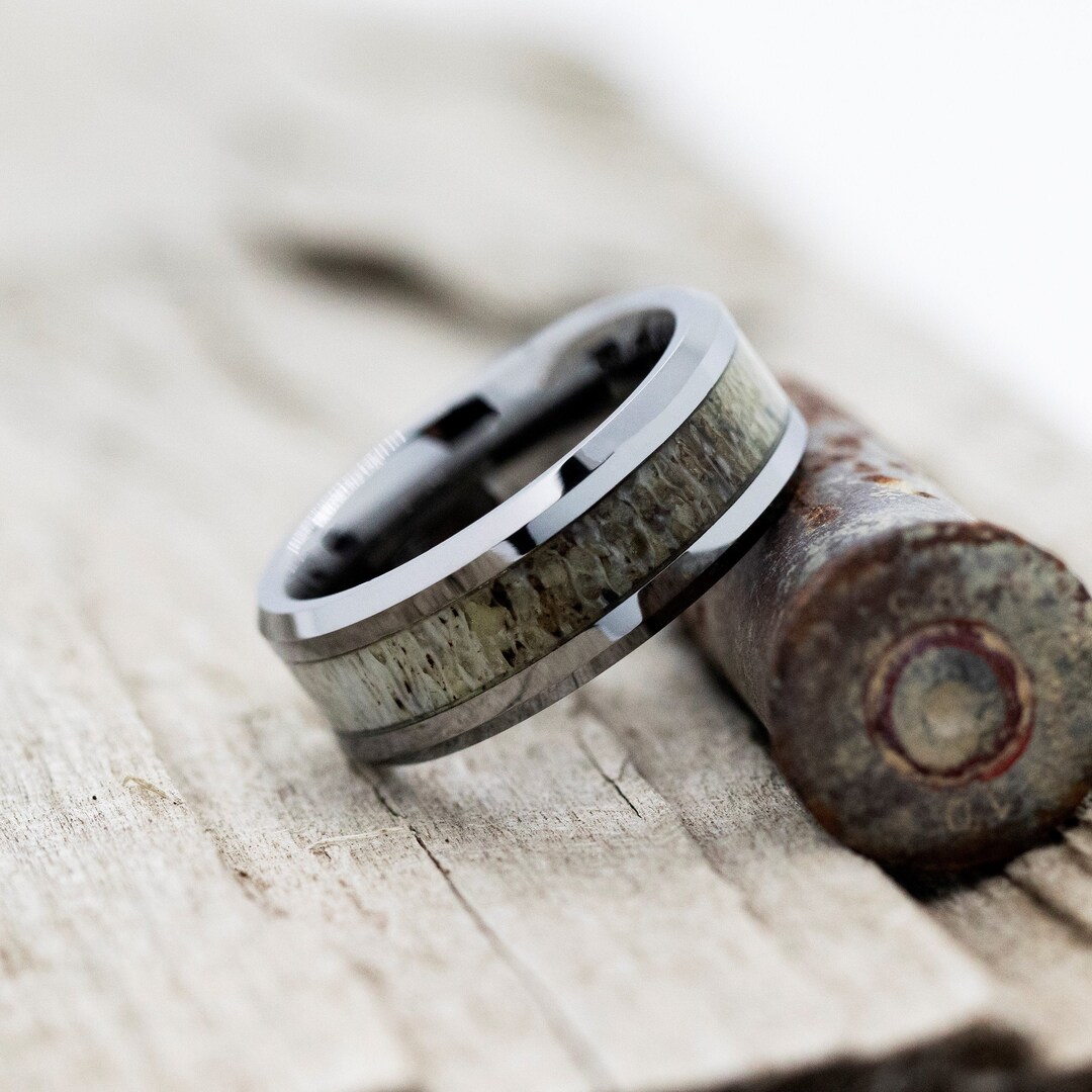 Silver Tungsten Ring, Deer Antler Inlay, Wedding Band, 8MM, Comfort Fit ...