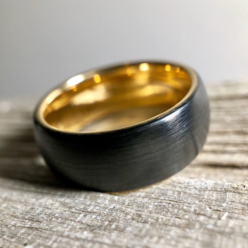 Black & Gold Tungsten Ring, Wedding Band, 8MM, Comfort Fit, Domed ...