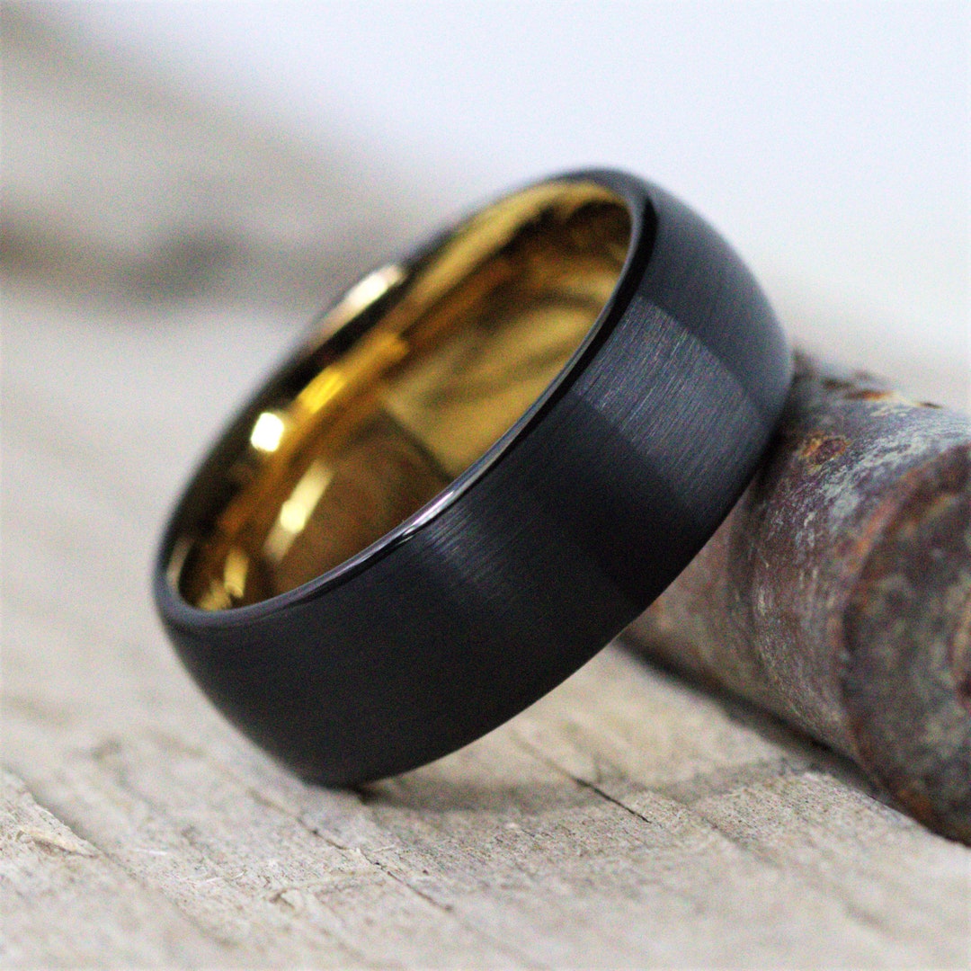 Black & Gold Tungsten Ring, Wedding Band, 8MM, Comfort Fit, Domed ...