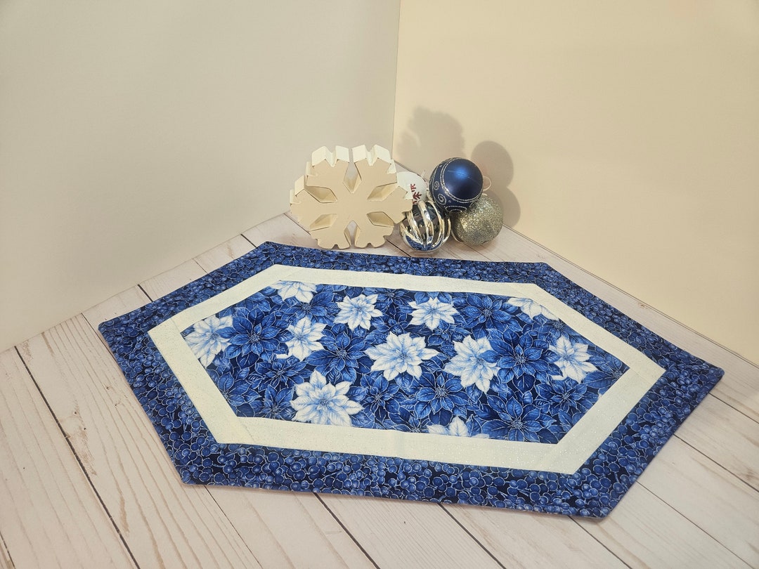 Small Christmas Table Runner, Blue Poinsettia & Snowflake Winter Decor ...