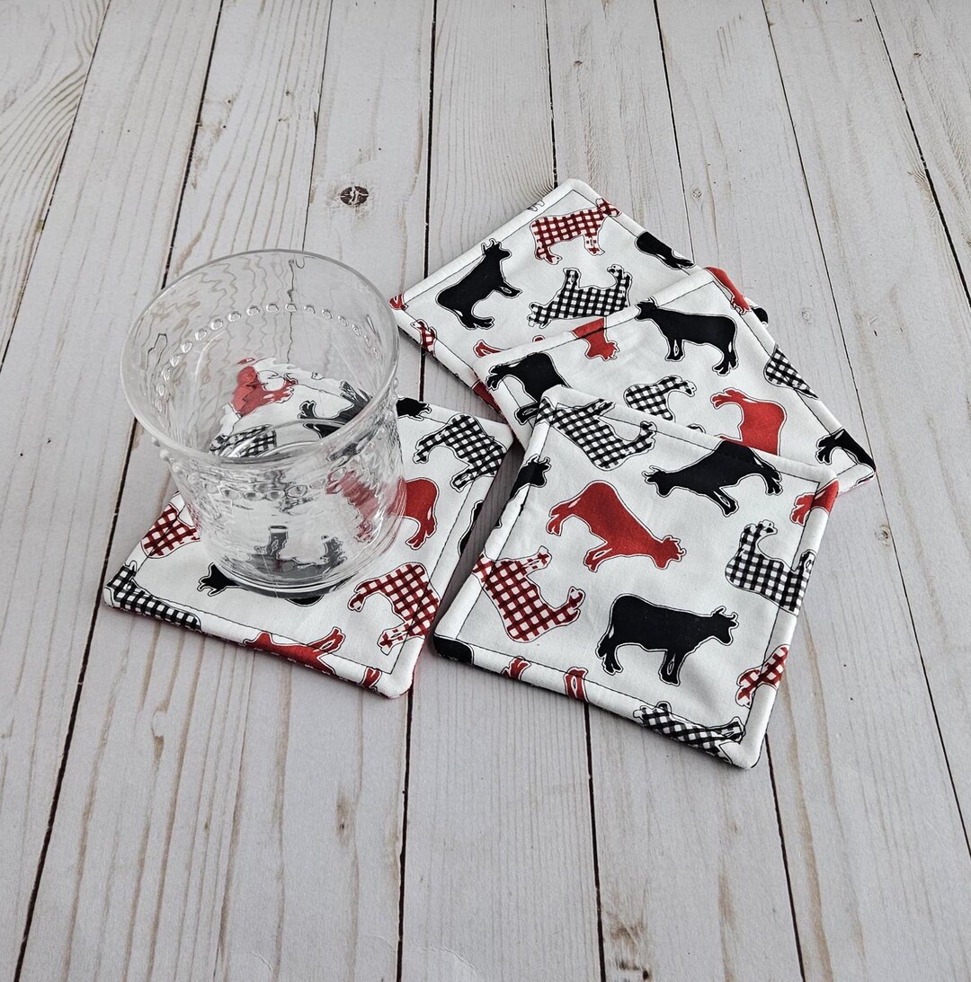 Cow Print Coasters Set of 4: Rustic Farmhouse Drink Mats, Hostess Gift ...