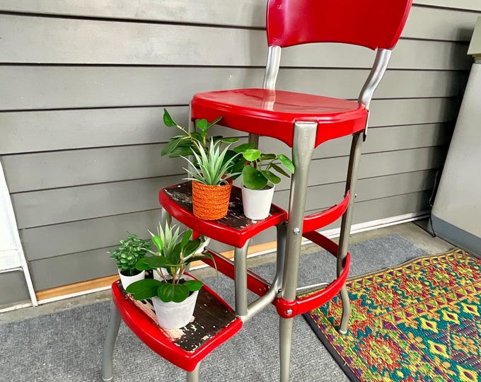 Vintage Cosco Red Kitchen Step Stool/ Chair - Kitchen Stool W/pull Out ...