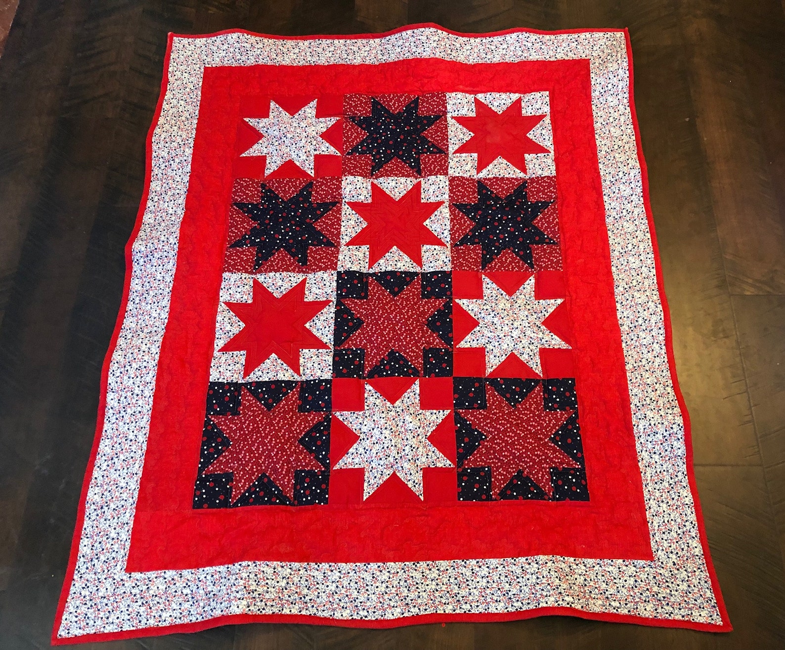 Handmade Star Throw Quilt: Red, White & Blue Cotton Blanket (54x64 ...