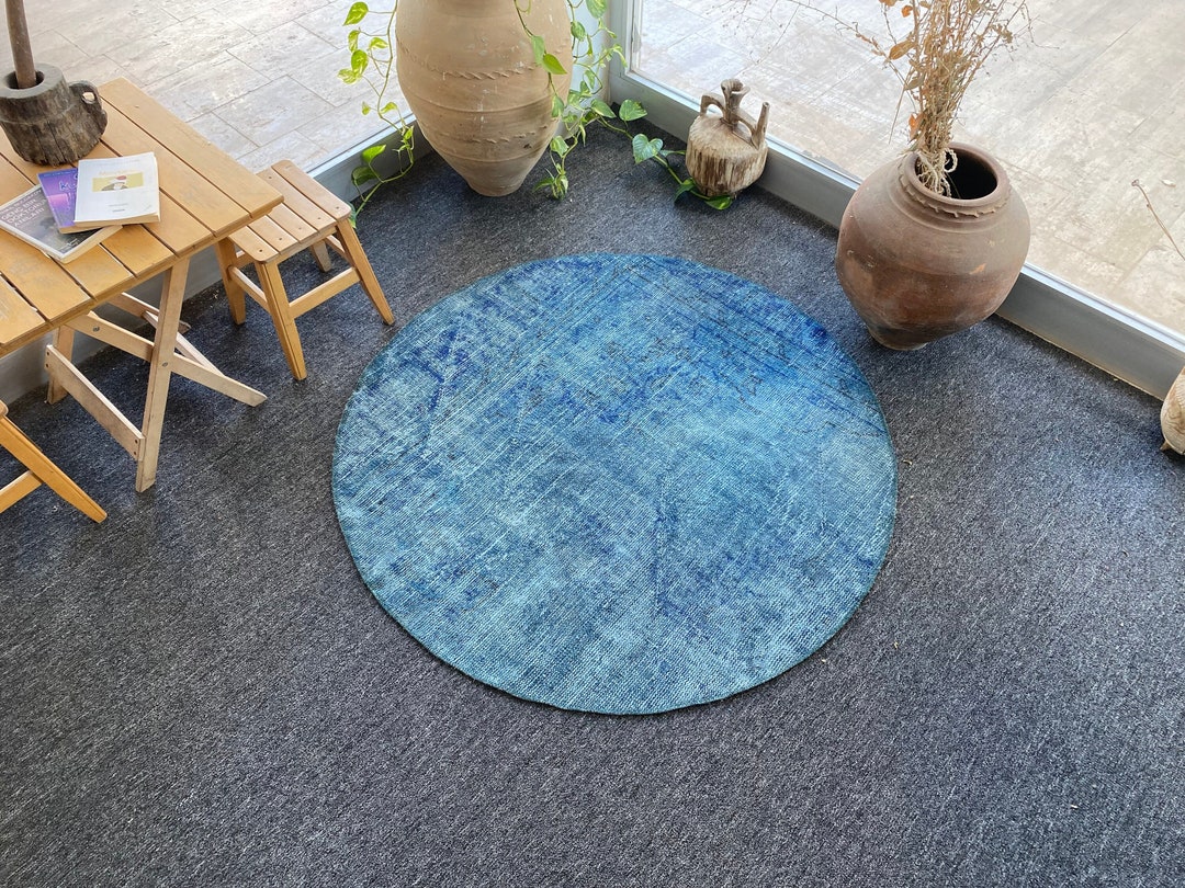 Blue Round Rugs 4x4 Round Vintage Rug for Kitchen rug for - Etsy