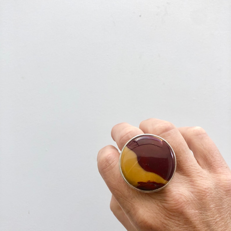 Large Yellow and Red Round Mookaite Gemstone Ring Set in Sterling ...