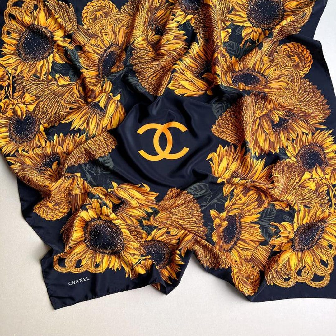 Vintage Authentic Chanel Scarf Navy and Yellow Large Silk 1990s - Etsy
