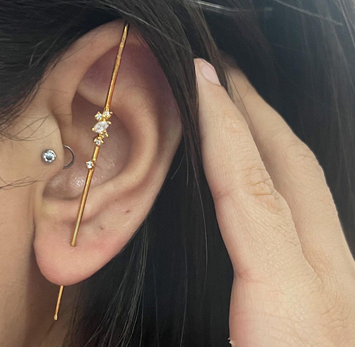 Oxidized Sterling Silver Bar Ear Cuff: CZ Cartilage Earring Christmas ...